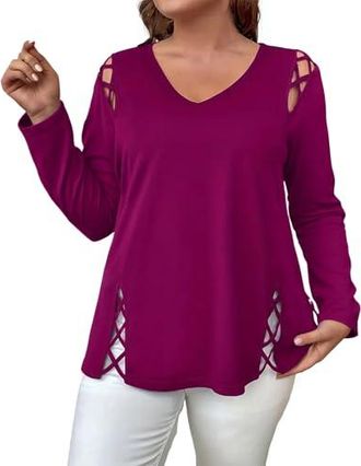 Generic Hauts grande taille pour femme, tunique longue, d&eacute;contract&eacute;e, style croix, couleur pure, coupe ample, col en V, chemisier de f&ecirc;te r&eacute;tro pour sortir, r