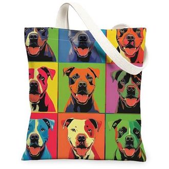 Generic Sac fourre-tout en toile Pop Art Pitbull pour faire du shopping, 33 x 38,1 cm, motif chiot abstrait amusant et amusant, sac d&eacute;picerie r&eacute;utilisable pou