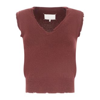 Maison Margiela Gilet &agrave; col en V effet vieilli Four Stitches - Femme - Pulls - Rouge - Taille: 36 FR