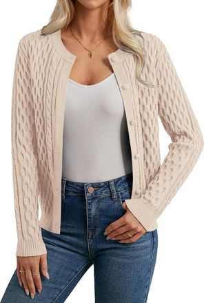 Grace Karin Damen Strickjacke Kurz Langarm Rundhals Cardigan Elegant Casual Strickjacke mit Kn&ouml;pfen Bolero Beige XXL