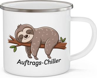 OM3 lustige Emaille-Tasse mit Spruch - Auftrags-Chiller Faultier Sloth Chillout Auftragschiller II | Emailletasse Emaille Becher | 10oz 300ml | Beidseitig