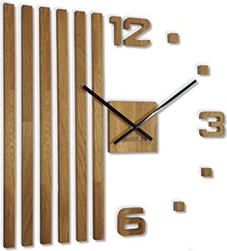 FlexiStyle 3D Wanduhren DIY Holz Eiche Lamellen große 60 cm 3D Wanduhr Modern Design EKO Wandtattoo Dekoration Uhren für Büro Wohnzimmer Schlafzimmer Dekoartikel