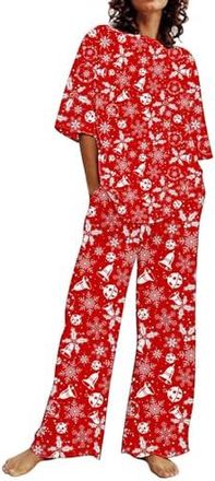 Generic HUIFUAO Ensemble de pyjama de Noël pour femme - Imprimé sapin de Noël amusant - Père Noël - Bonhomme de neige - Tenue 2 pièces - Haut à manches longue