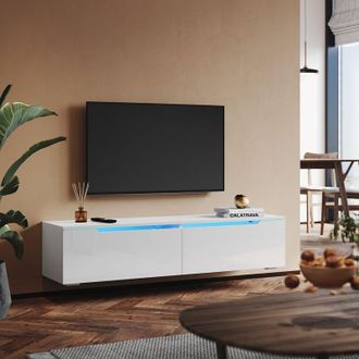 Sonni Sonni - tv Board mit led Beleuchtung H&auml;ngend Wei&szlig; Hochglanz 140 cm Modern 2 Klappen