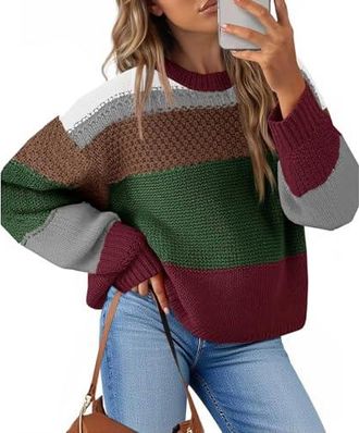 Generic Pull en tricot &agrave; col rond pour femmes, tendance, avec blocs de couleur, tricot&eacute;s, pulls dautomne et dhiver, pullovers courts, robes d&eacute;contract&eacute;es en c