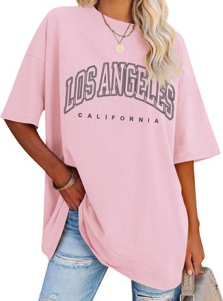 Dresswel Oversized T Shirt Damen Los Angeles California Brief drucken Vintage T-Shirt Kurzarm Rundhals Sommer Oberteile Lose Bluse Lang Tunika Top f&uuml;r Teenager