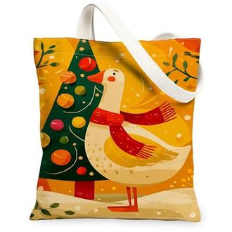 Generic Sacs fourre-tout en toile de canard de No&euml;l, motif arbre animal, sacs d&eacute;picerie r&eacute;utilisables, festifs, vintage, l&eacute;gers, lavables &agrave; l&eacute;paule S, jaune, 
