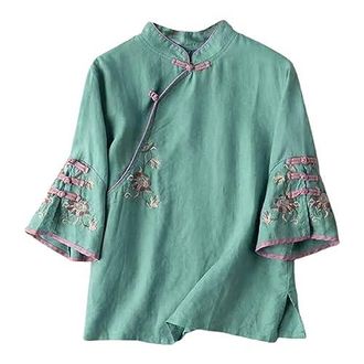 Generic Hauts en coton et lin pour femme - Broderie vintage - Manches 3/4 - Manches courtes - D&eacute;contract&eacute; - Tendance - Chemisier boh&egrave;me, bleu, XXL
