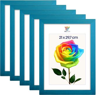 MG Design 5er Set Bilderrahmen A4 21 x 29,7 cm - Fotorahmen mit T&uuml;rkis Echtholzrahmen und bruchsicherem Acrylglas, Hoch & Quer zum Aufh&auml;ngen, zum Aufstellen