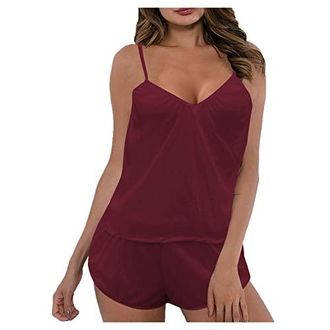 Generic Noir Bustier Mode Sexy Pyjamas Sans Manches Femmes Sous-v&ecirc;tements V&ecirc;tements de Nuit Ensemble Short Femme Bretelles Ensemble, Bordeaux, XL