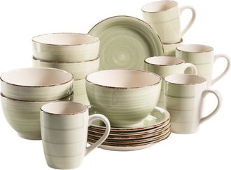 Mäser 931490 Bel Tempo II Frühstück-Service für 6 Personen im Vintage Look, handbemalte Keramik, 18-teiliges Geschirr-Set, Grün, Steingut