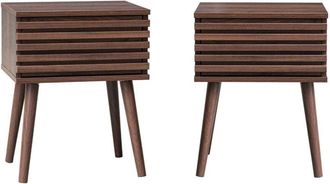 Sweeek Lot de 2 tables de chevet style scandinave décor bois avec tiroir rainuré noyer et pieds compas