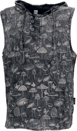 Guru Shop Herren Tanktop mit Kapuze, ärmelloser Festival Hoodie mit Pilzdruck - Schwarzbraun, Baumwolle, Size:M