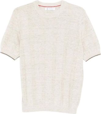 Brunello Cucinelli Homme, Pulls, Beige, Taille: 2XL T-shirt ras du cou c&ocirc;tel&eacute;