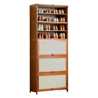 Generic Mid-Century Moderner Rattan Schuhschrank Bambus 10-Lagen Schuh mit Klappt&uuml;ren Platzsparende Aufbewahrung f&uuml;r Eingangsbereich, Flur, Schlafzimmer - Nat
