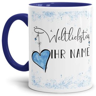 Tassendruck Tasse mit Spruch f&uuml;r den Weltliebsten -Name- Personalisierbar/Individuell/Familie/Geschenk-Idee/Innen & Henkel Dunkelblau