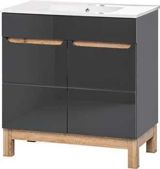 Selsey SelseyJAKARTA - Waschbeckenunterschrank 2-t&uuml;rig in Schwarzgrau/Holzoptik mit Hochglanzfronten, 80x85 cm