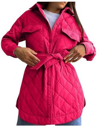 Generic Vestes pour femmes, automne et hiver, couleur unie, revers &agrave; boutonnage, ceinture ample, manteau chaud 2026, Rouge, XL