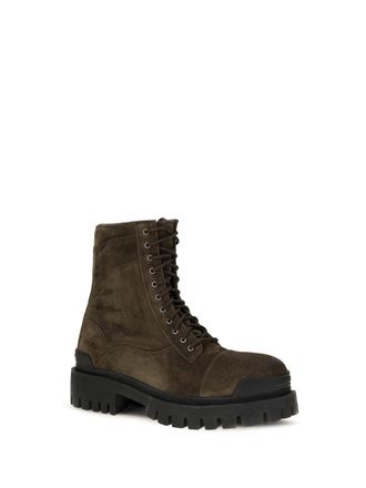 Balenciaga Mens Combat Strike Waxed Suede Calf Leather Boots Olive-Ag Silver Olive/ag