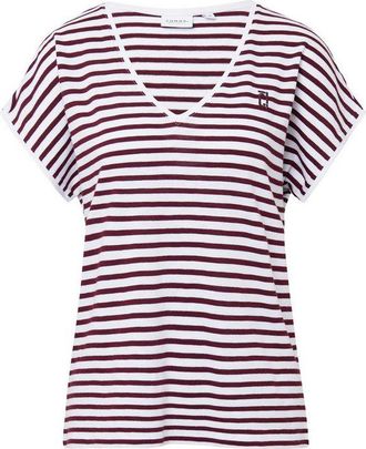 Comma Kurzarmshirt T-Shirt Strickshirt mit Streifen und V-Ausschnitt