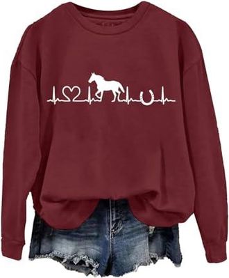 Generic Sweat-shirt cheval pour femme - Chemises graphiques &agrave; manches longues et col rond - Pour les amateurs de chevaux - Pull &agrave; manches longues, bordeaux, S