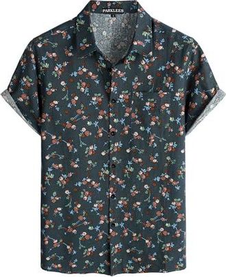 PARKLEES Chemise en coton et lin pour homme, motif vintage années 70, style ancien, chemise décontractée à manches courtes boutonnée rétro, Fleurs vert foncé, 