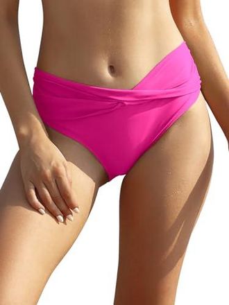 SHEKINI Bas Bikini pour Femmes Triangle Classique Ruched Bikini Natation Troncs Culotte Slip Maillots de Bain Shorts de Plage, Rose fluorescente, S