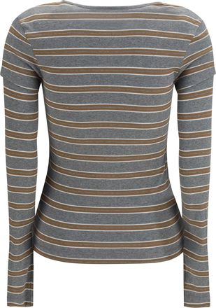 Ganni Ribbed V-Neck Striped T-Shirt - Gray