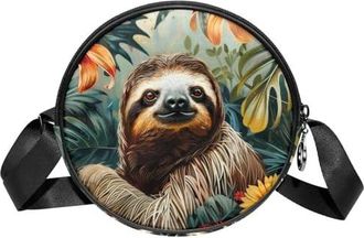 Generic Sac &agrave; bandouli&egrave;re rond pour femme, motif paresseux et fleurs tropicales avec fermeture &eacute;clair et bretelles r&eacute;glables