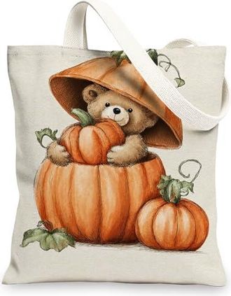 Generic Sacs fourre-tout en toile avec motif dours mignon, motif citrouille fantaisie, sacs dépicerie réutilisables, légers et lavables, beige, 13x15 Inch