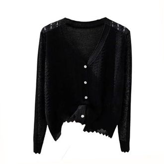 Generic Cardigan en soie pour femme - Chemisier dext&eacute;rieur ample - &Eacute;paules ajour&eacute;es - Petit ch&acirc;le - Haut en tricot, noir, Taille XS