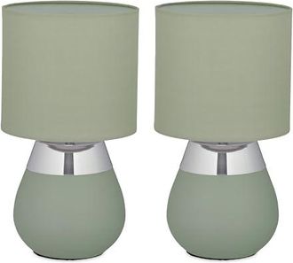 Relaxdays Tischlampe, 2er Set, Metallfuß, Stoffschirm, E14, H x D: 32 x 18 cm, Nachttischlampe mit Kabel, grün/Silber
