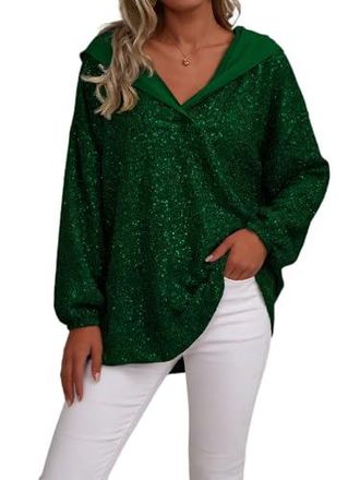 ORANDESIGNE Sweat Paillettes Femme Capuche Sweat &agrave; Capuche Paillettes Sweats Oversize Hoodie Col en V Manches Longues A Vert XXL