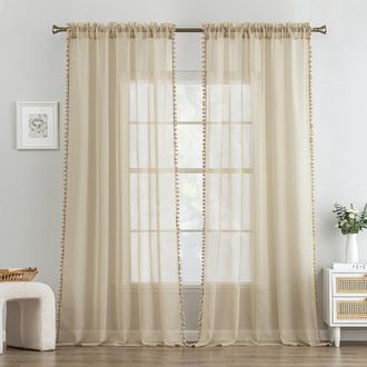 Miulee Gardinen mit Pompons-Hübsche Beige Transparent Gardinen für Kinderzimmer Mädchen, 2 Stücke Vorhang mit Pompons mit Stangendurchzug Durchsichtig Vorhan