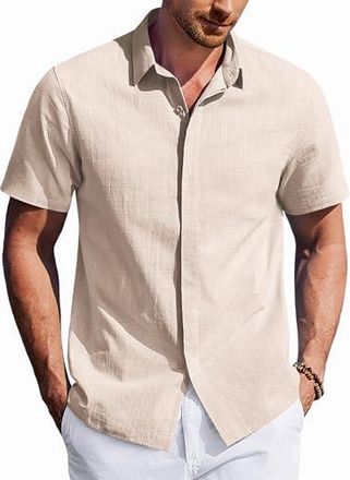 Coofandy Chemise Homme Manches Courtes Coton &Eacute;t&eacute; Chemise Casual Homme Plage Vacances Confort Respirante avec Boutons Cach&eacute;s Champagne XL