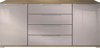 Vladon Sideboard Linio V2 - Moderne Kommode mit 2 Türen & 4 Schubladen, Eiche Evoke/Sandgrau Hochglanz, 166,5 x 72,5 x 35 cm (BxHxT) - Beistellschrank Anrich