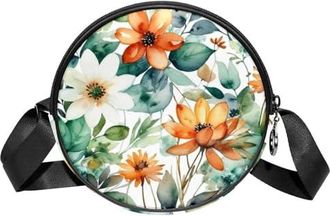 Generic Petit sac &agrave; bandouli&egrave;re circulaire pour femme, motif feuilles florales, sac &agrave; dos avec fermeture &eacute;clair, bretelles r&eacute;glables, sac &agrave; main rond d&eacute;contra