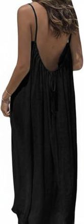 Generic Robe caraco dos nu de couleur unie pour femme, robe longue &agrave; bretelles spaghetti, robe d&eacute;t&eacute; longue avec noeud dans le dos, pour les vacances &agrave; la plag