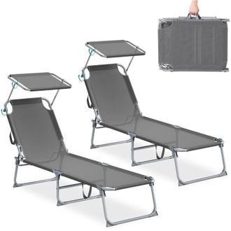 Songmics Transats Pliants Ext&eacute;rieur, Dossier et Pare-Soleil R&eacute;glables, Chaises Longues, pour Balcon, Terrasse, Lot de 2, Gris