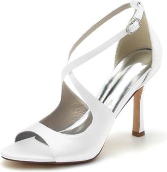 Generic Chaussures De Mariage en Satin Femme Talons Aguilles Chaussure De Mariée Sandale Talon Été Talon Mariage Soirée Chaussures Femmes 9.6Cm,Blanc,37 EU