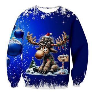 Generic Pull de Noël moche pour homme - Imprimé en 3D - Renne - Père Noël - Col rond - Manches longues - Coupe ample - Cadeau pour homme et femme, Bleu foncé.