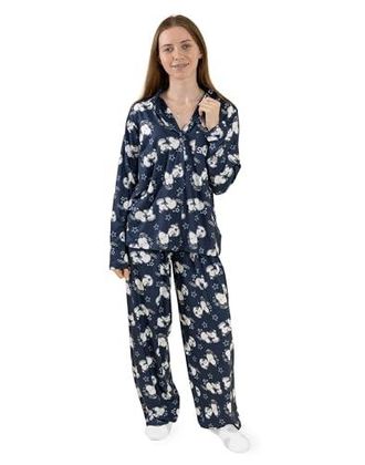 Peanuts Ensemble Pyjama Snoopy pour Femme, Manches Longues et Jambes Longues Bleu Marine et Blanc &agrave; col | V&ecirc;tement de Nuit &agrave; Motif Dessin anim&eacute; Confortable en