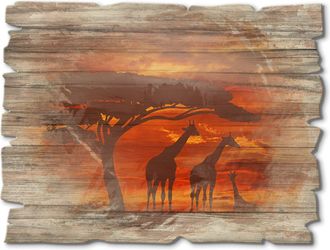 Artland ARTland Wanddeko Bild aus Holz Holzbild vintage Deko 40x30 cm Querformat Afrika Safari Tiere Giraffe Herde Sonnenuntergang Savanne S8WS