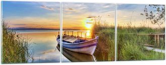 Arttor Mehrteilige Bilder auf Glas 120x40cm Glasbild See Boot Wasser Groß Wanddeko Bild im Glas Schlafzimmer Küche Set 3 teilige Wandbilder Dekoration Wohnzi