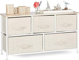Relaxdays Regalsystem, 5 Stoff-Schubladen, universale Schubladenbox, Metall und Holz, HxBxT: 54,5 x 100 x 30 cm, beige, Design E