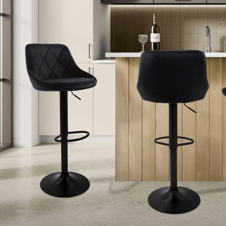 ML Design Lot de 2 Tabourets de Bar en Velours, Noir, Chaise Rembourr&eacute;e avec Dossier et Repose-Pieds, R&eacute;glable en Hauteur 62-82 cm, Pivotante &agrave; 360&deg;, Tabouret