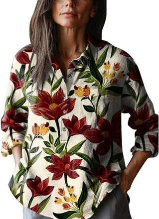 Generico Chemise Femme D&eacute;contract&eacute;e &agrave; Manches Longues T Shirt en Lin Coton Curvy Grande Taille Chemisier Col en V L&eacute;ger Chemises Vintage Fantaisie avec Boutons