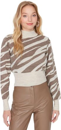 Trendyol Damen Rollkragenpullover mit Tiermuster Sweatshirt, Hellbraun, S EU