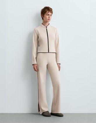Oysho pantalon droit taille haute effet n&eacute;opr&egrave;ne avec passepoil couleur avoine-Blanc