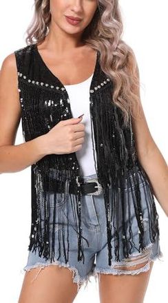 Feoya Gilet de cowboy pour femme avec franges à paillettes pour fête hippie années 70, Noir, M